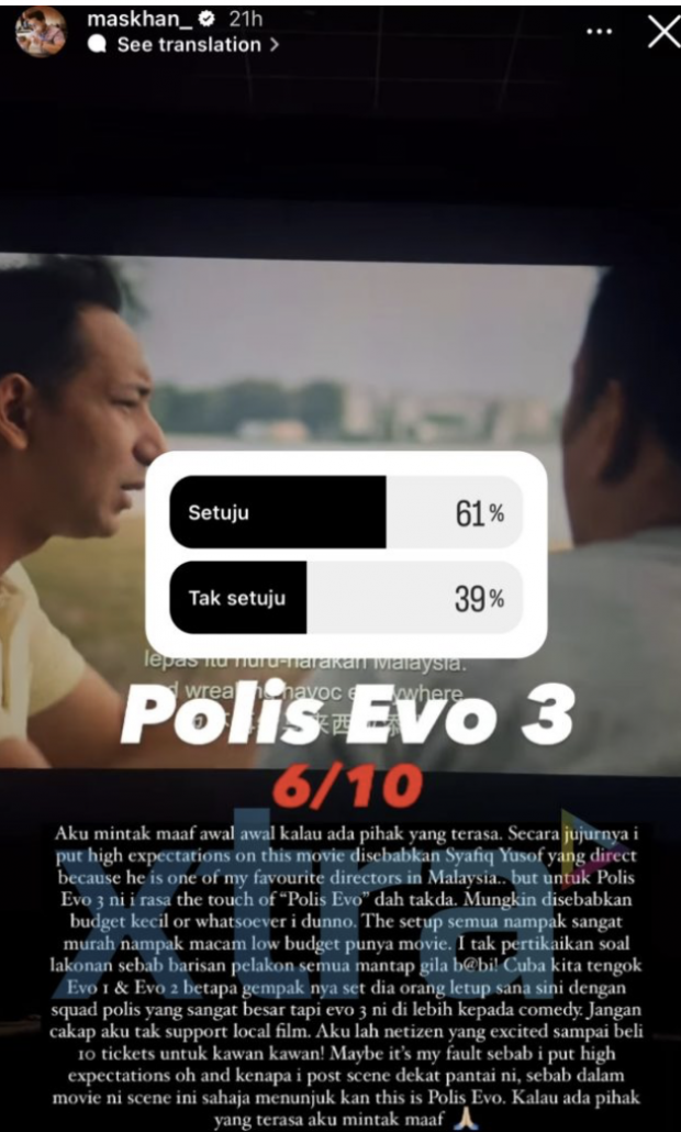 Mas Khan Bagi Rating 6 Per Sepuluh Untuk Filem Polis Evo 3