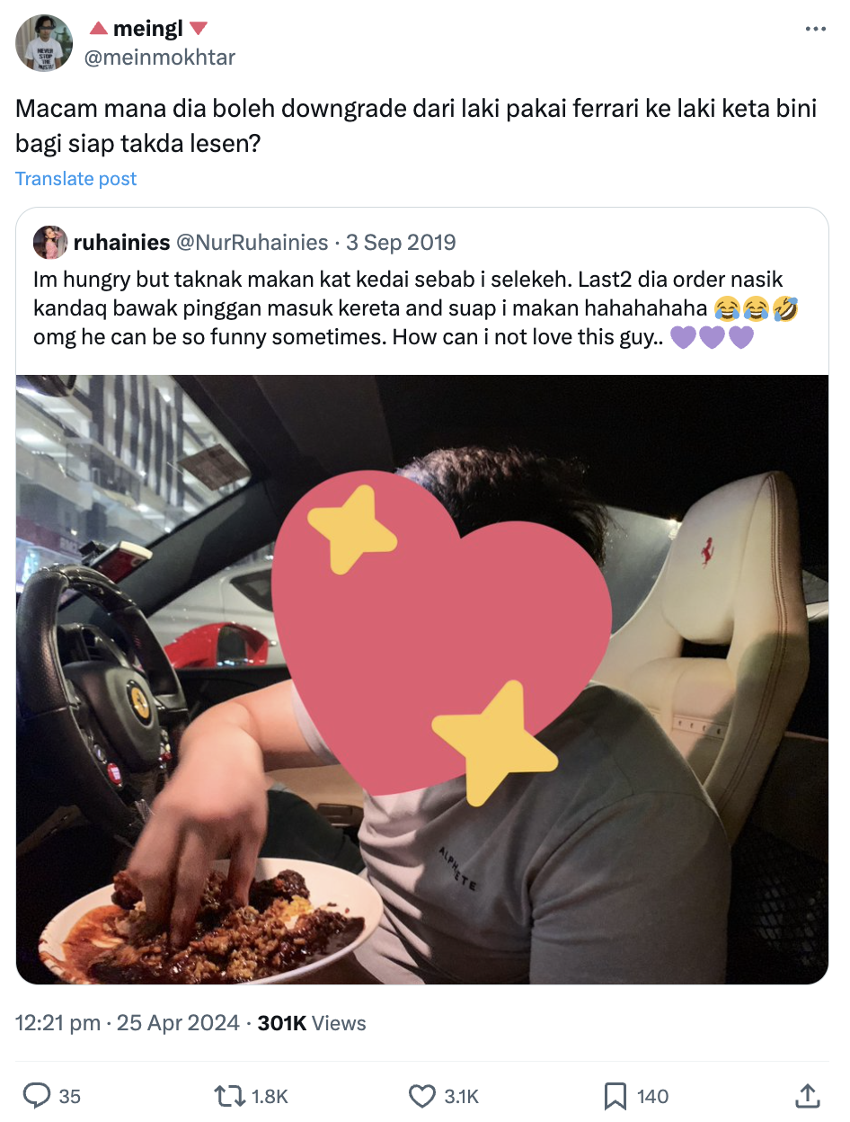 Gambar Lama Ruhainies Makan Bersuap Dalam Ferrari Tular Kembali