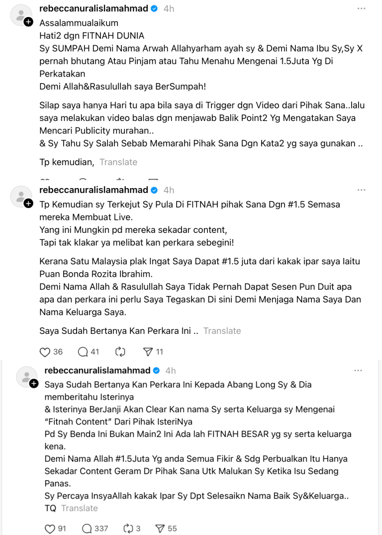 Rebecca Nur Al Islam Nafi Dakwaan Pinjam RM1.5 Juta Dari Bonda Rozita