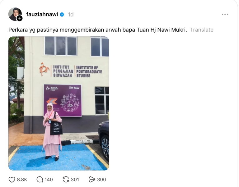 Fauziah Nawi Sambung Master, Sasar Genggam PhD